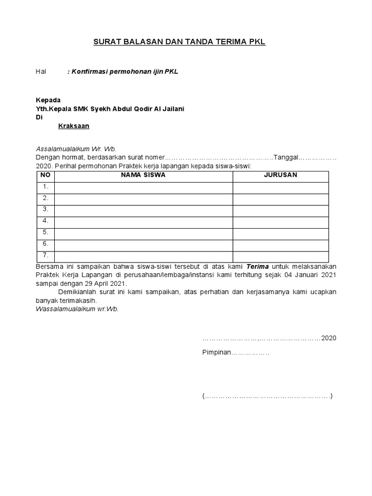 Surat Balasan Tanda Terima PKL | PDF