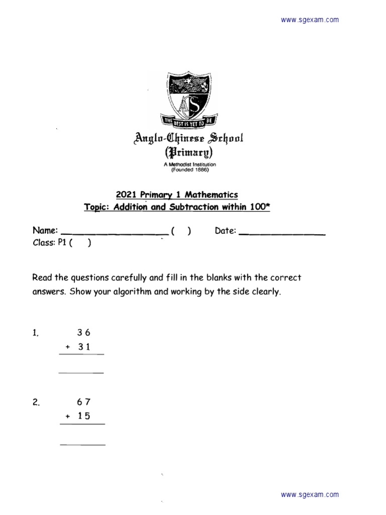2021 P1 Maths Topics ACS | PDF