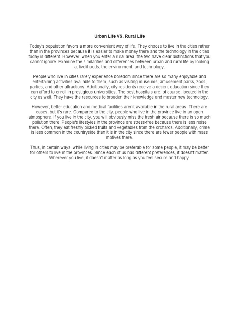 Urban Life VS Rural Life | PDF