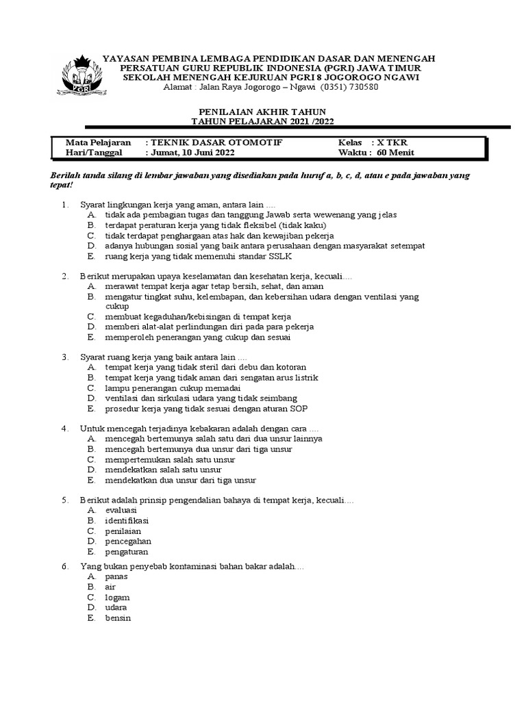Soal Dasar Kejuruan TKRO TDO Untuk Kelas X Atau XII Beserta Kunci | PDF