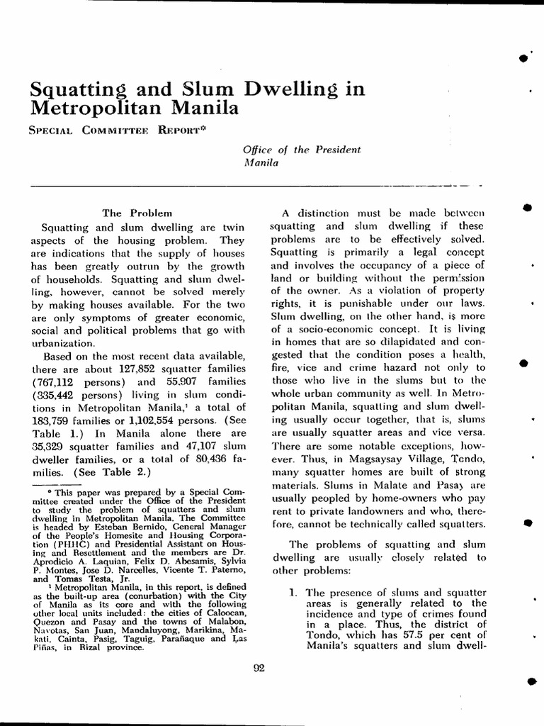 Squatting and Slum Issues in Manila | PDF | Squatting | Slum