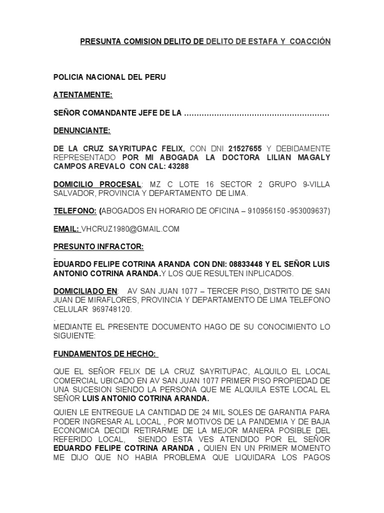 Felix 2022 Denuncia Por Estafa y Coaccion | PDF | Derecho penal | Etica ...