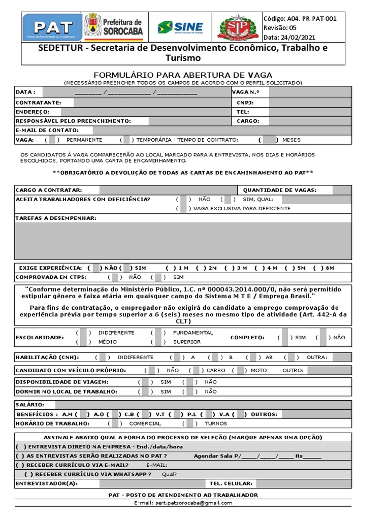 A04.PR-PAT-001 - Formulário para Abertura de Vagas | PDF
