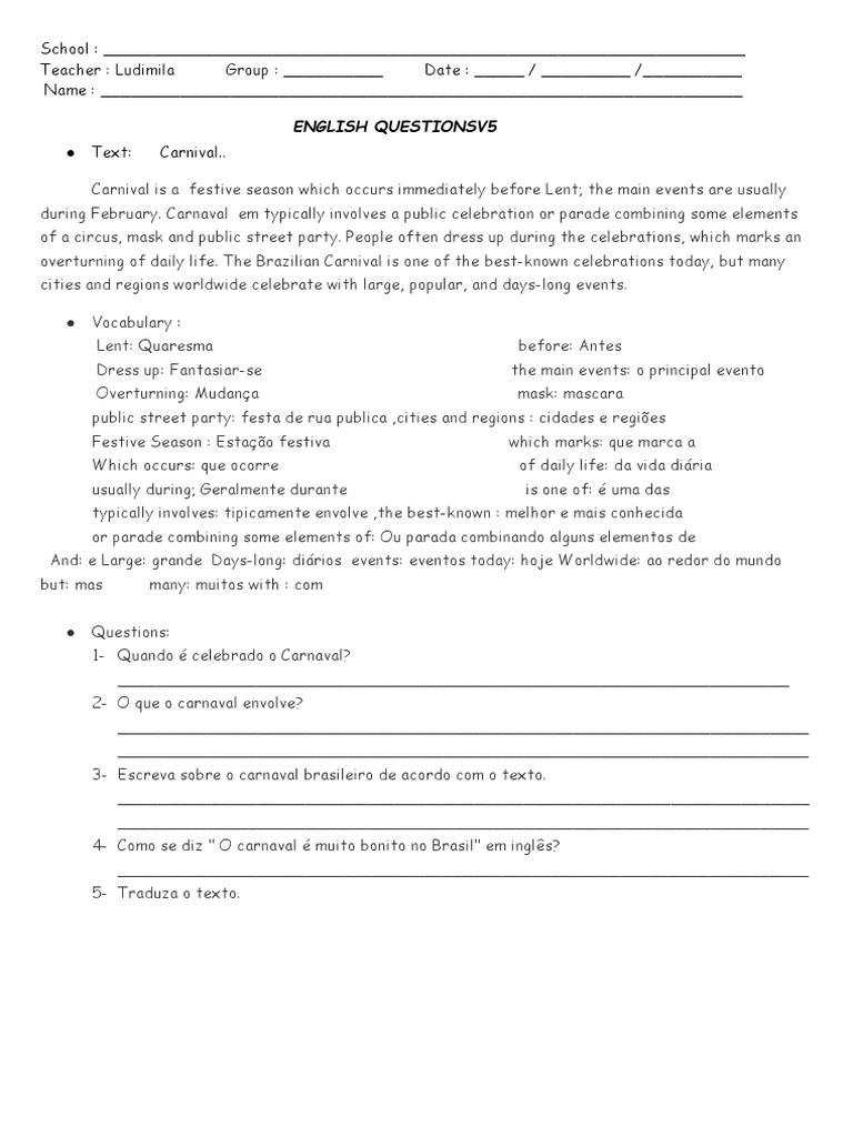 English Carnival Questions | PDF | Carnival | Entertainment Events