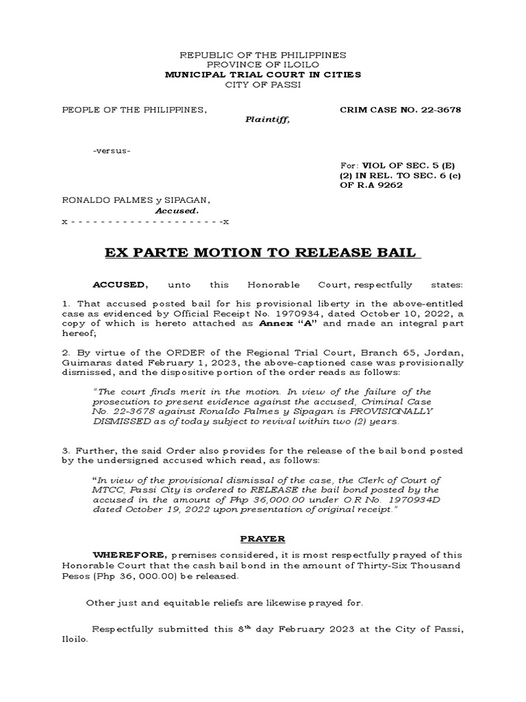 Motion to Release Cash Bail | PDF | Separation Of Powers | Legal Procedure