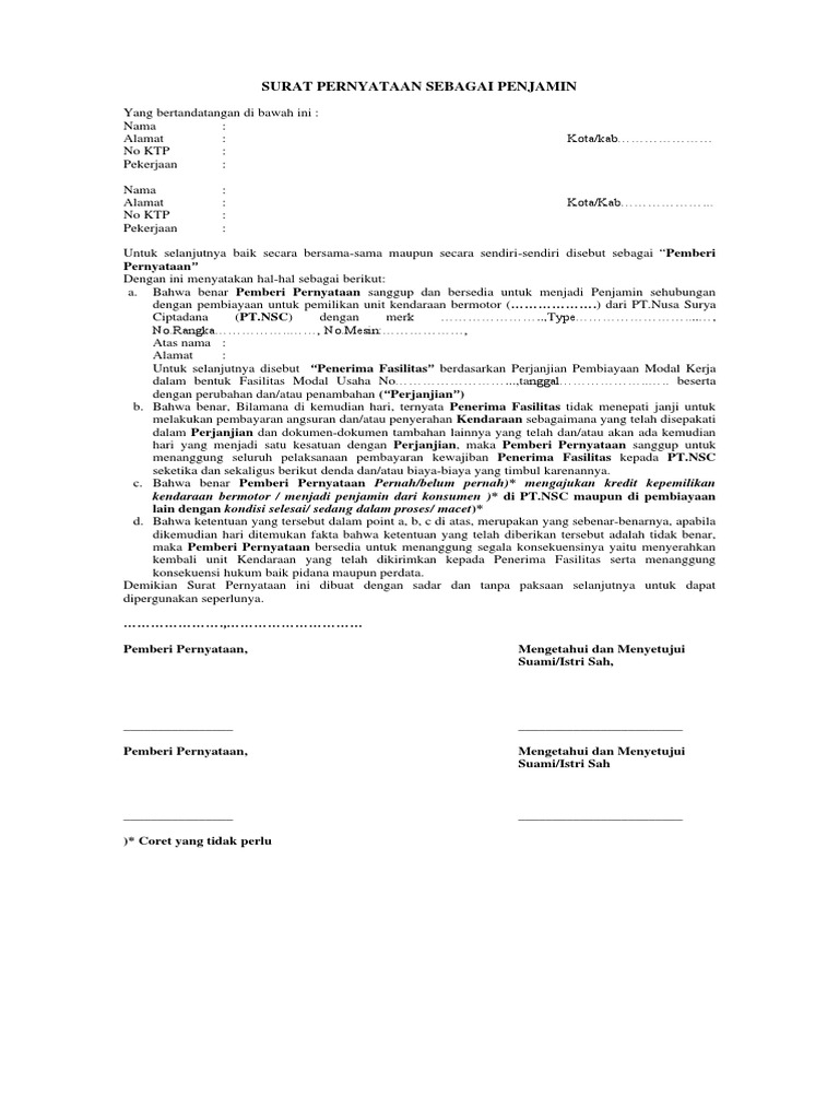 Surat Pernyataan Penjamin Kendaraan | PDF