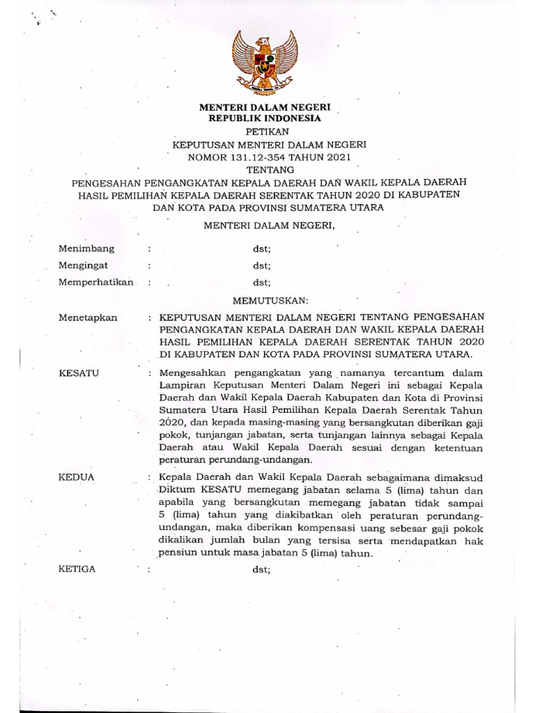 SK Dan Naskah Pelantikan Bupati 2021 | PDF