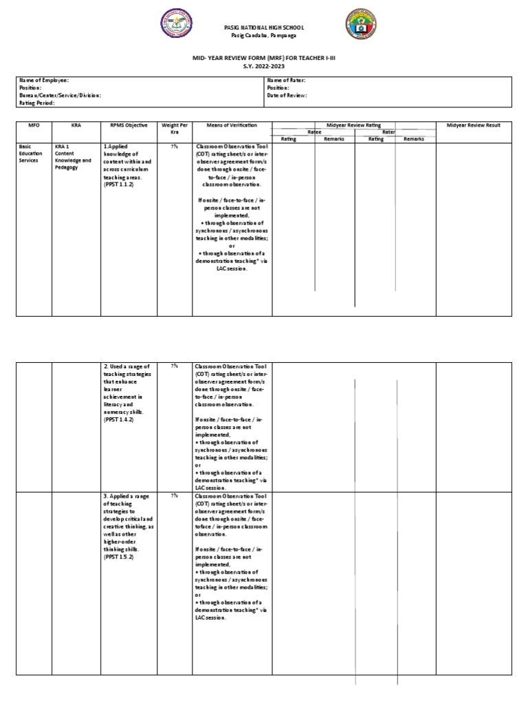 Mid-Year Review Form for Teachers 2022-2023 | PDF | Educational ...