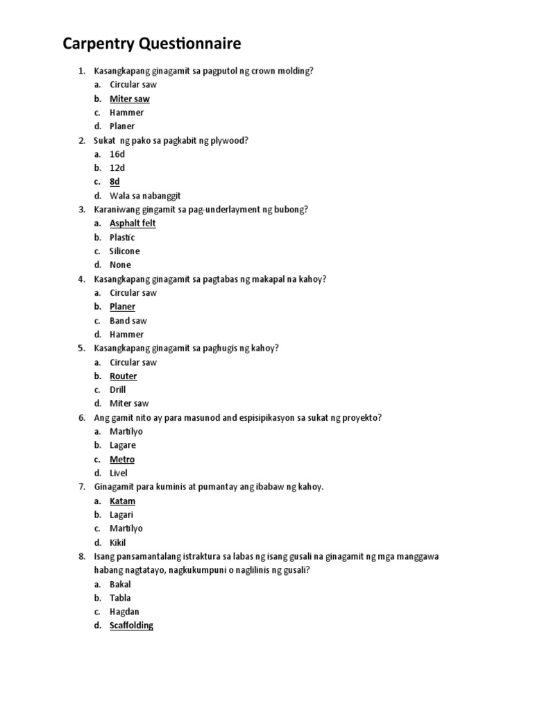 Carpentry Questionnaire | PDF