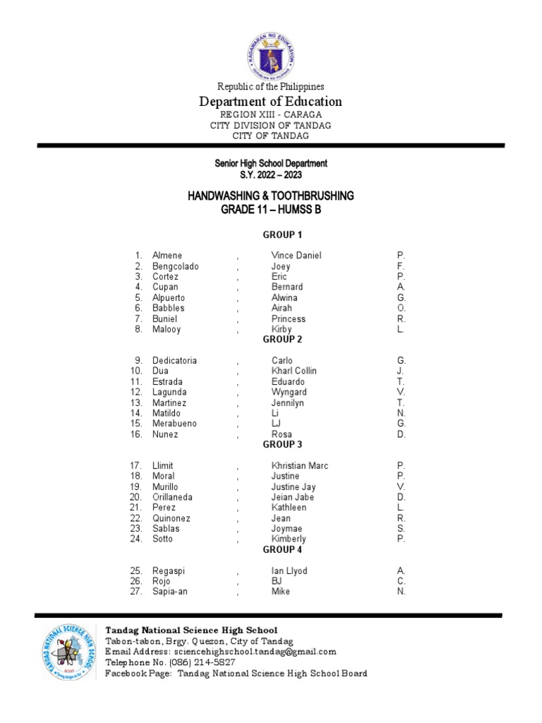Handwashing Toothbrushing Schedule 11 Humss B | PDF | Philippines