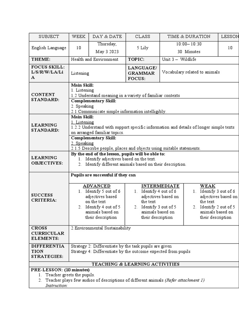 Wildlife Lesson Plan for Year 5 | PDF | Teachers | Lesson Plan