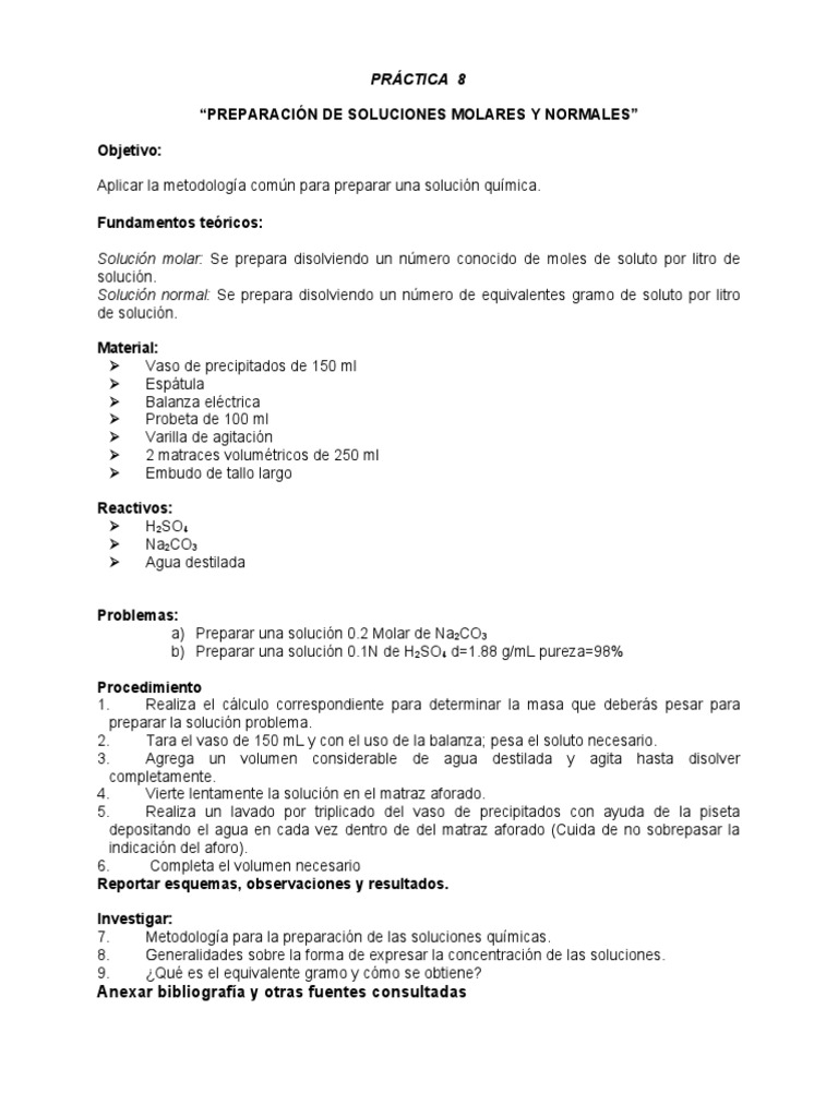 PRÁCTICA 8 Preparación de Soluciones Molares y Normales | PDF