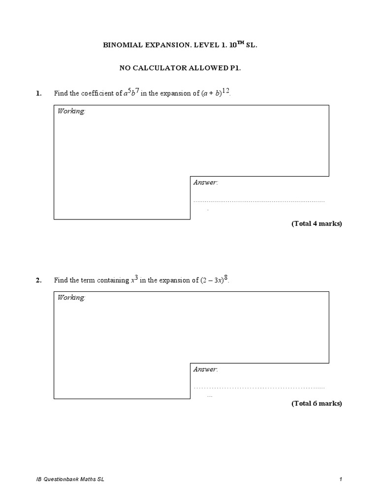 Binomial Expansion Level 1. 10TH SL | PDF | Mathematics | Algebra
