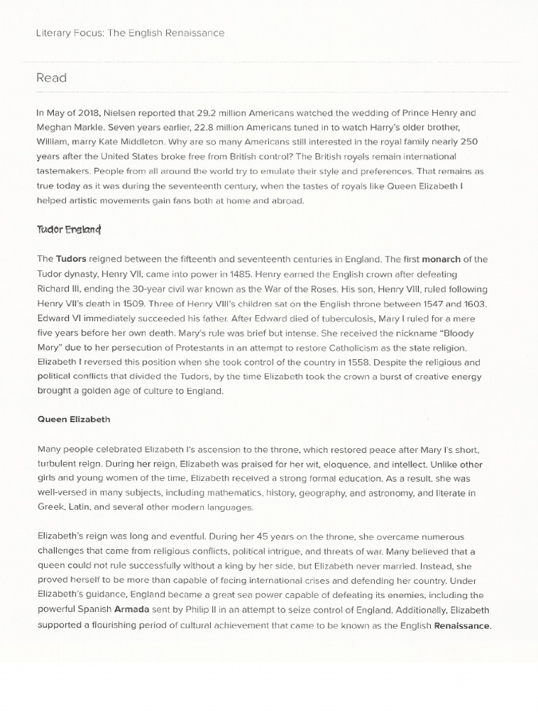 Literary Focus-The English Renaissance | PDF