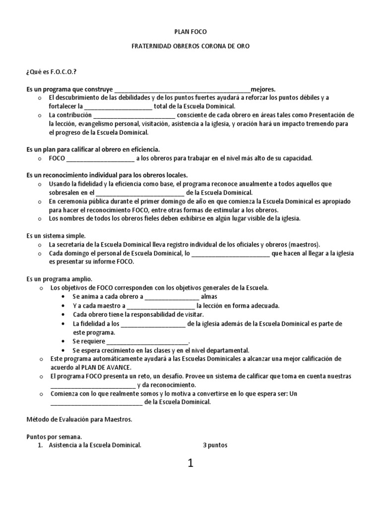PLAN FOCO Hoja para Llenar | PDF | Escuela dominical