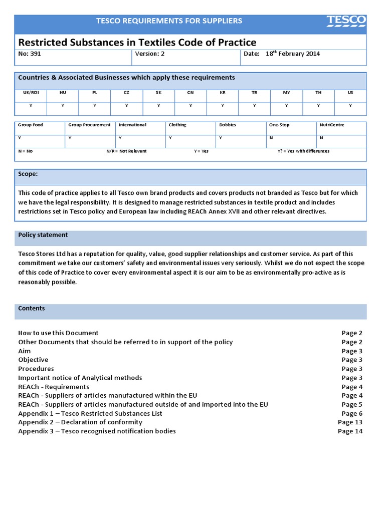 TESCO - 391 - Requirement For Supplier Restricted Substances in ...