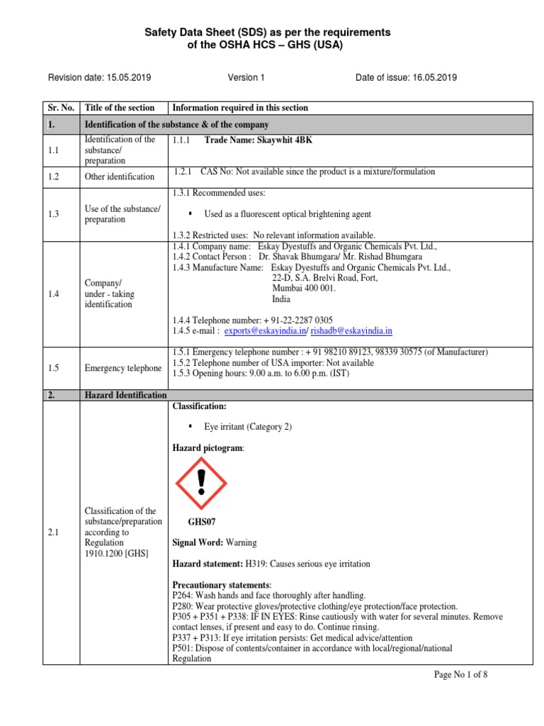 Skaywhit 4BK GHS - MSDS | PDF | Dangerous Goods | Toxicity