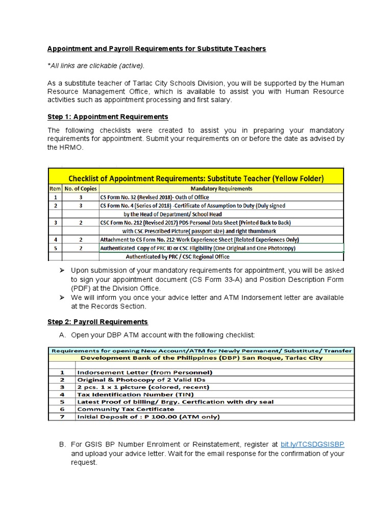 CHECKLIST (Substitute Teacher Appointment and Payroll Requirements) - Reemp | PDF | Business