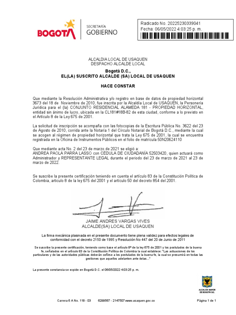 Certificado de inscripción y representante legal de un conjunto ...