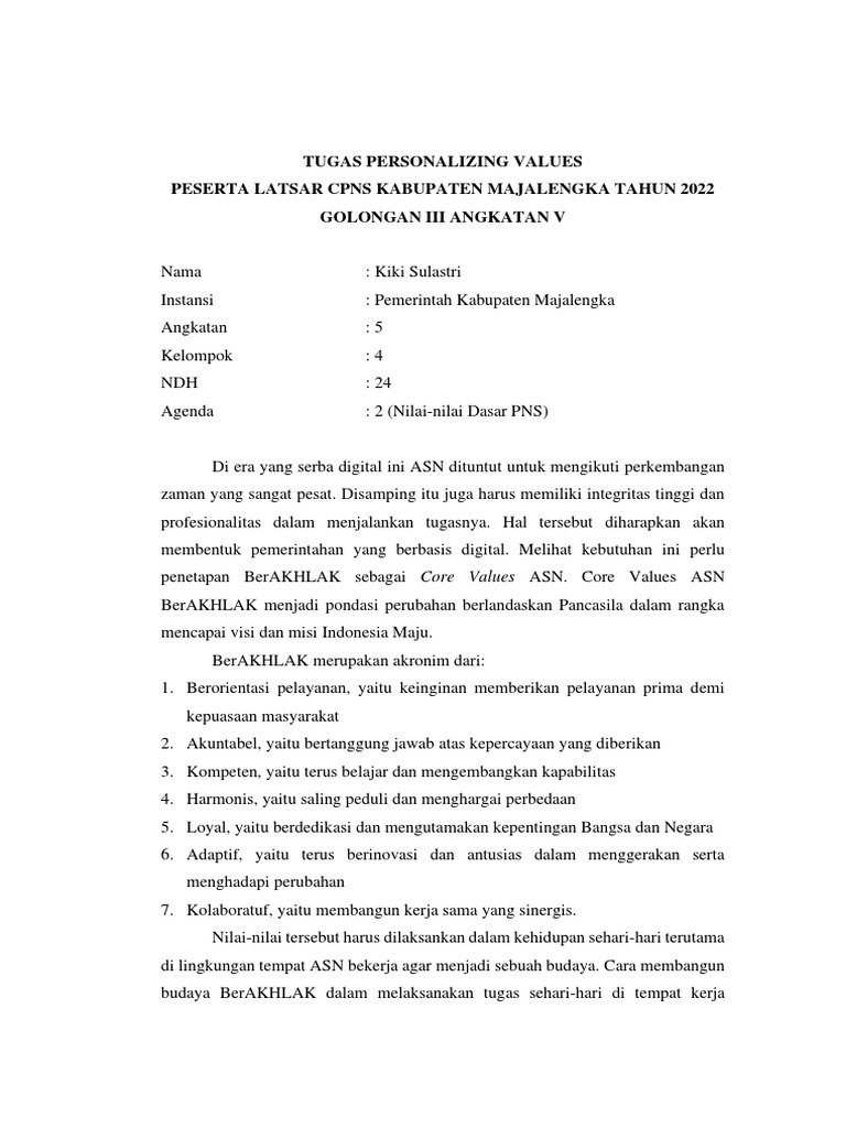 Tugas1 - Personalizing Values - Majalengka5 - 24 - Kiki Sulastri | PDF