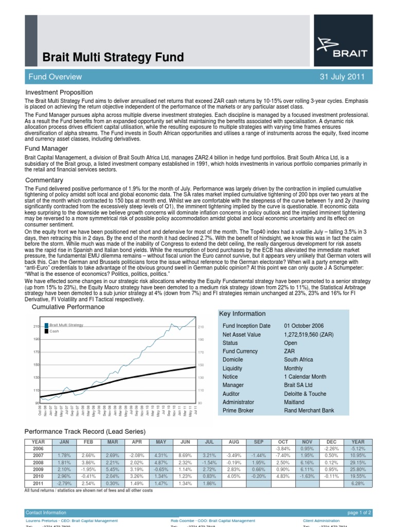 2011-07-31 Brait Multi Strategy | PDF | Asset Allocation | Hedge Fund