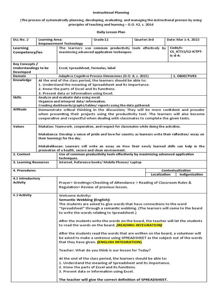 COT 2-E-TEch Lesson Plan - EXCEL - SY 2021-2022 | PDF | Learning | Microsoft Excel