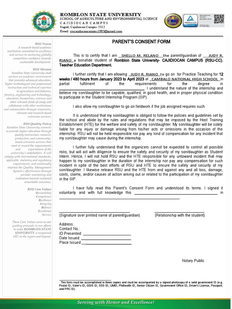 RSU Cajidocan Campus Parent Consent Form | PDF | Government