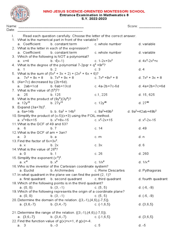 Diagnostic Test Math 8 | PDF | Cartesian Coordinate System | Polynomial