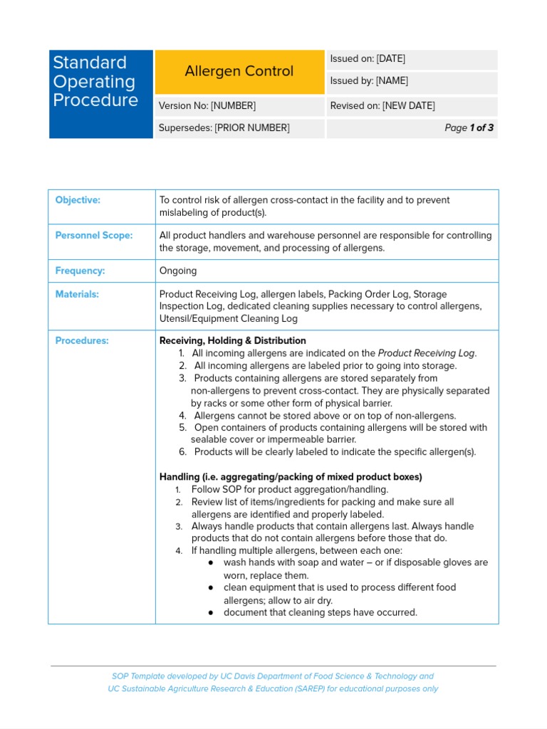 Allergen Control Standard Operating Procedure | PDF | Kitchen | Cooking
