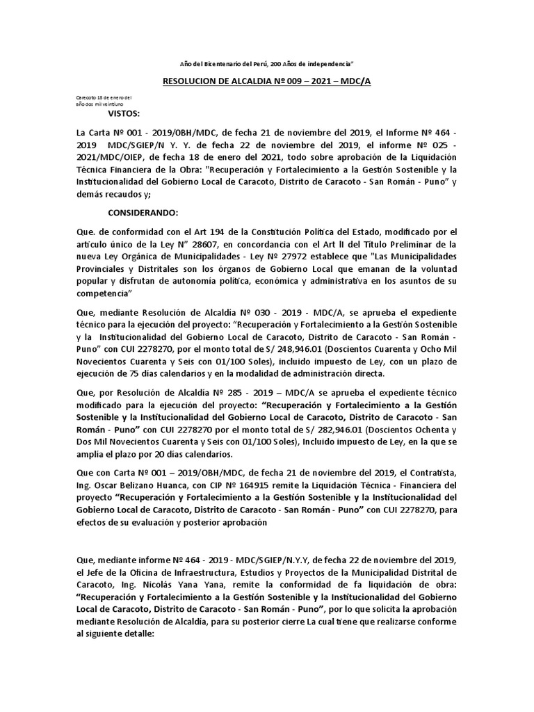 Resolucion de Alcaldia de Caracoto | PDF | Presupuesto | Gobierno local