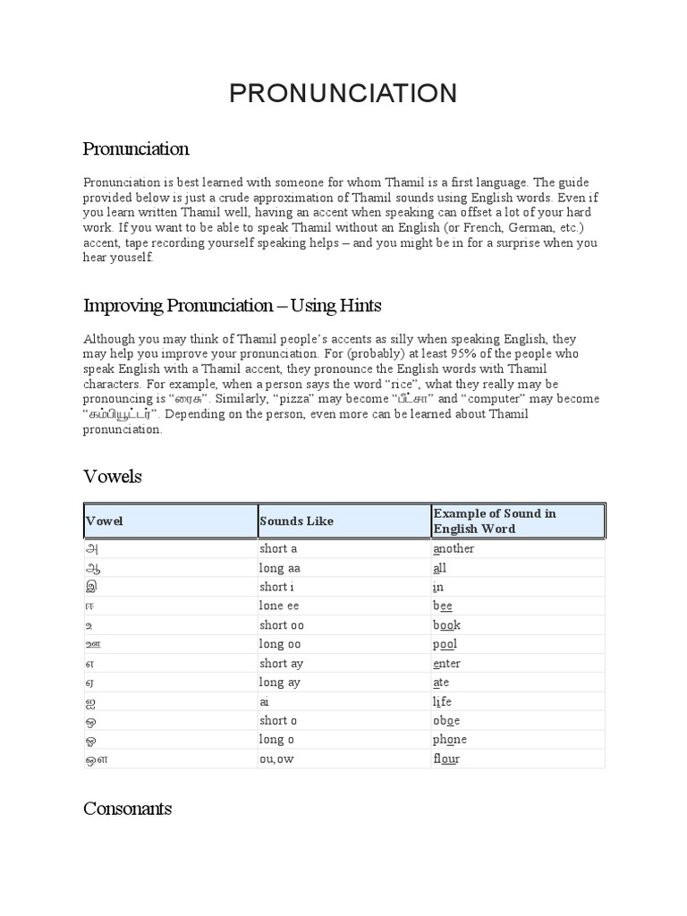 Thamil Pronunciation Guide | PDF | English Language | Accent ...