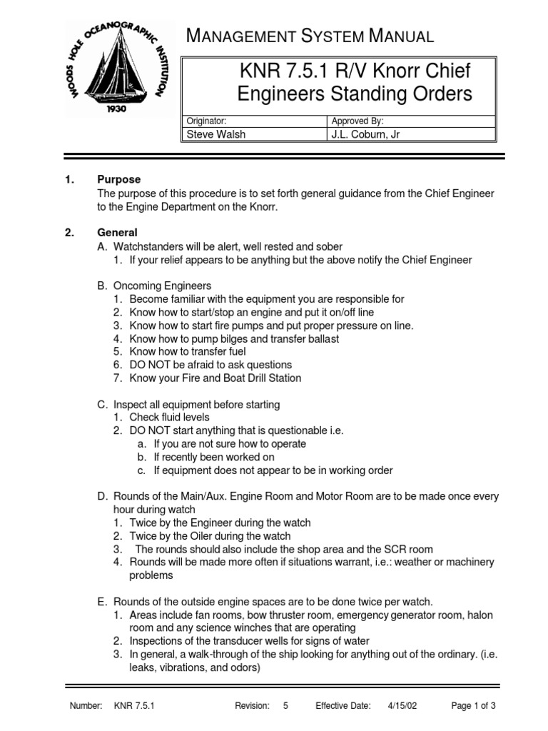 KNR 07.5.1 Chief Engineers Standing Orders | PDF | Ships | Shipping