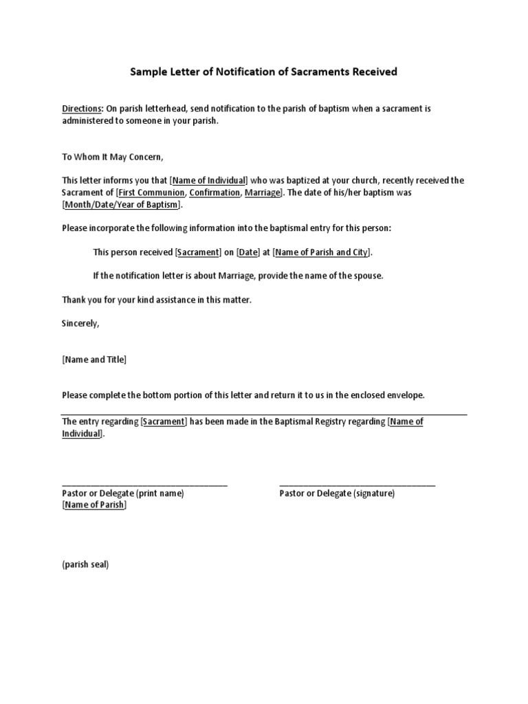 Sample Letter of Notification of Sacraments Received | PDF
