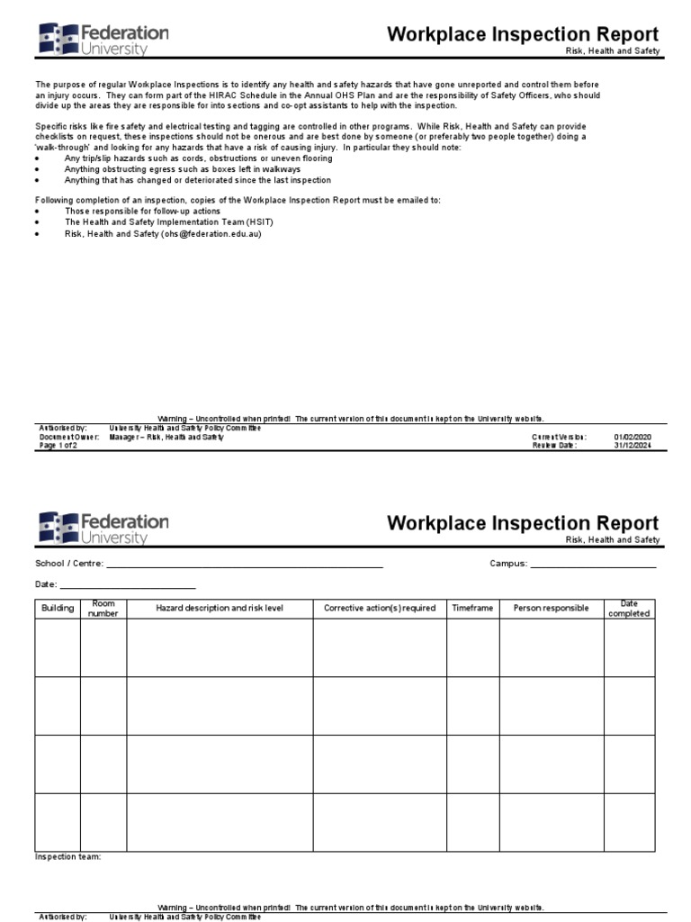 Workplace Inspection Report | Download Free PDF | Occupational Safety ...