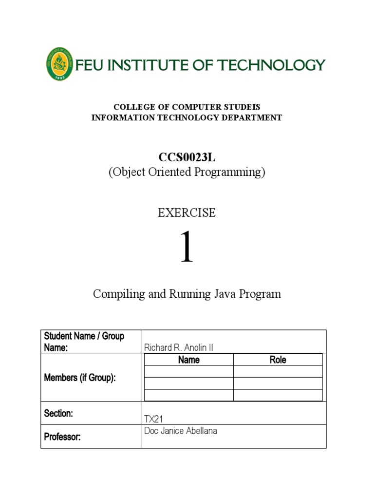 Lab Exp 1 Compiling And Running Java Program Pdf Computer Program Programming
