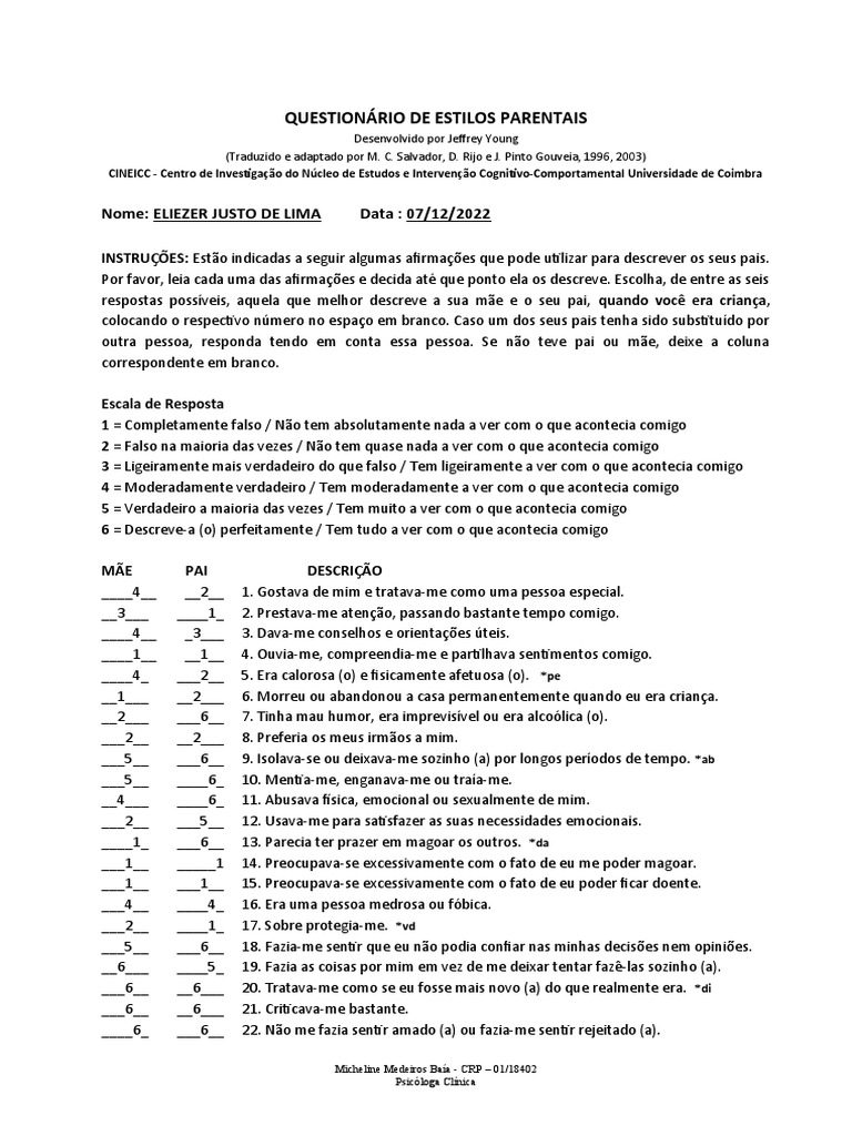Questionário de Estilos Parentais-Respondido | PDF | Psicologia