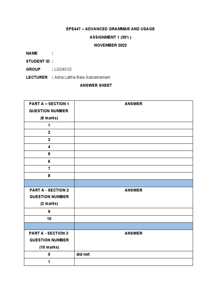 Answer Sheet TEST 1 | PDF