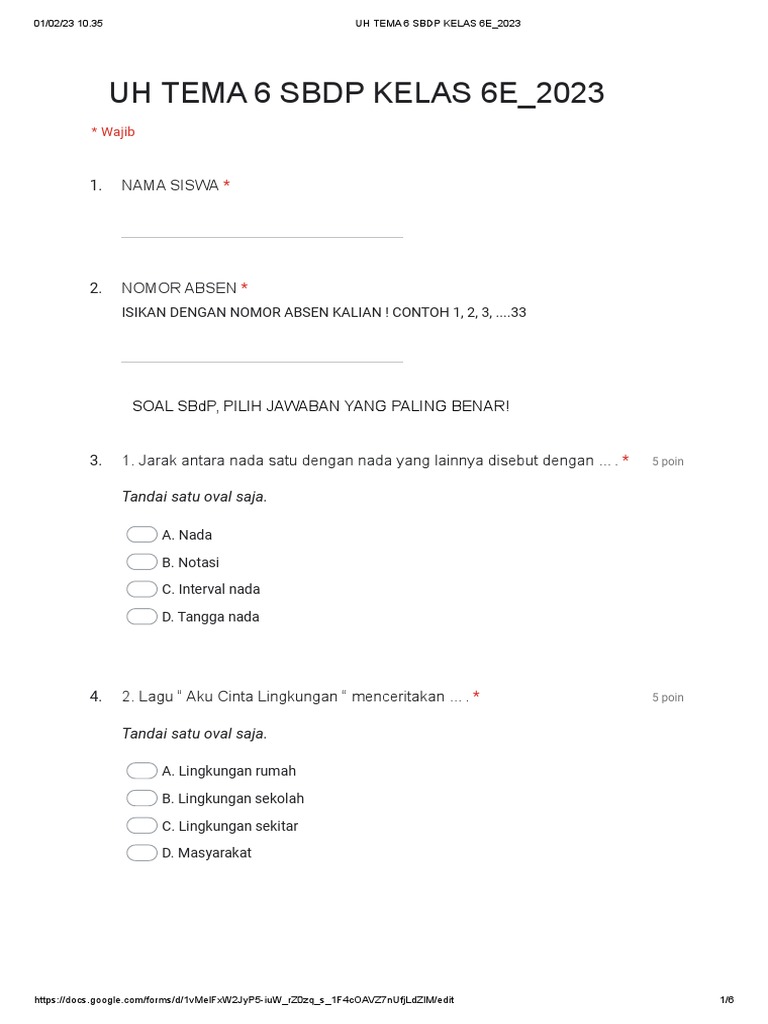Soal SBDP Kelas 6E | PDF