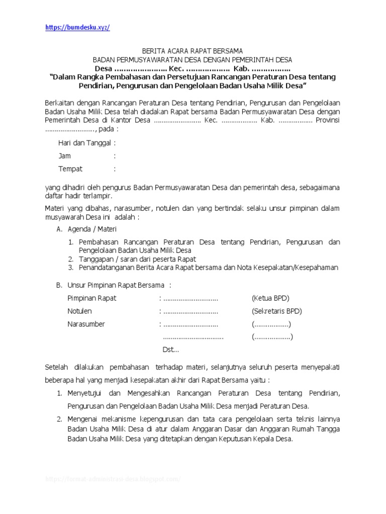 Berita Acara Dan Notulen Rapat Pembahasan Rancangan Perdes Pendirian ...