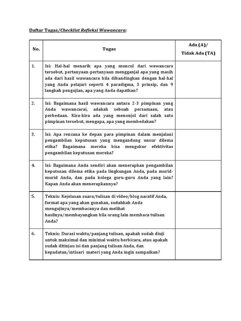 Daftar Tugas - Checklist Refleksi Wawancara | PDF
