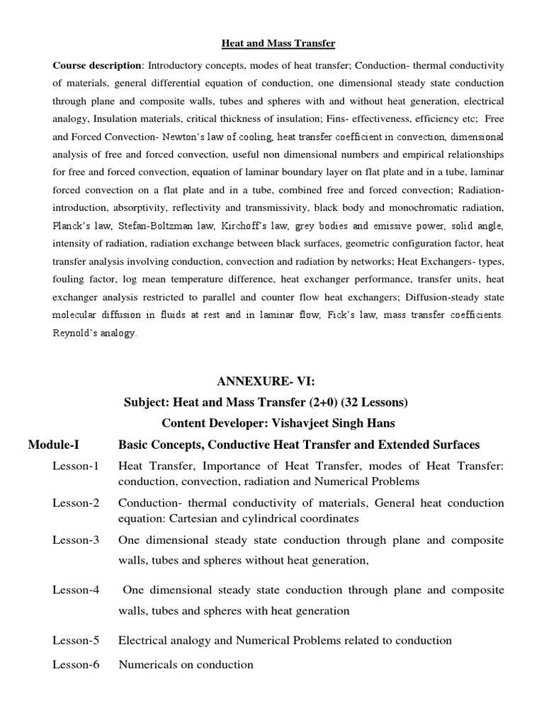 Course Outline - Heat and Mass Transfer | PDF | Thermal Conduction ...