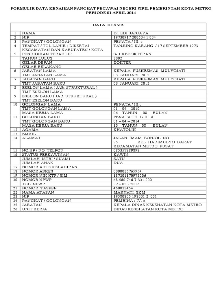 Blanko Formulir Data Naik Pangkat Pns IVa | PDF