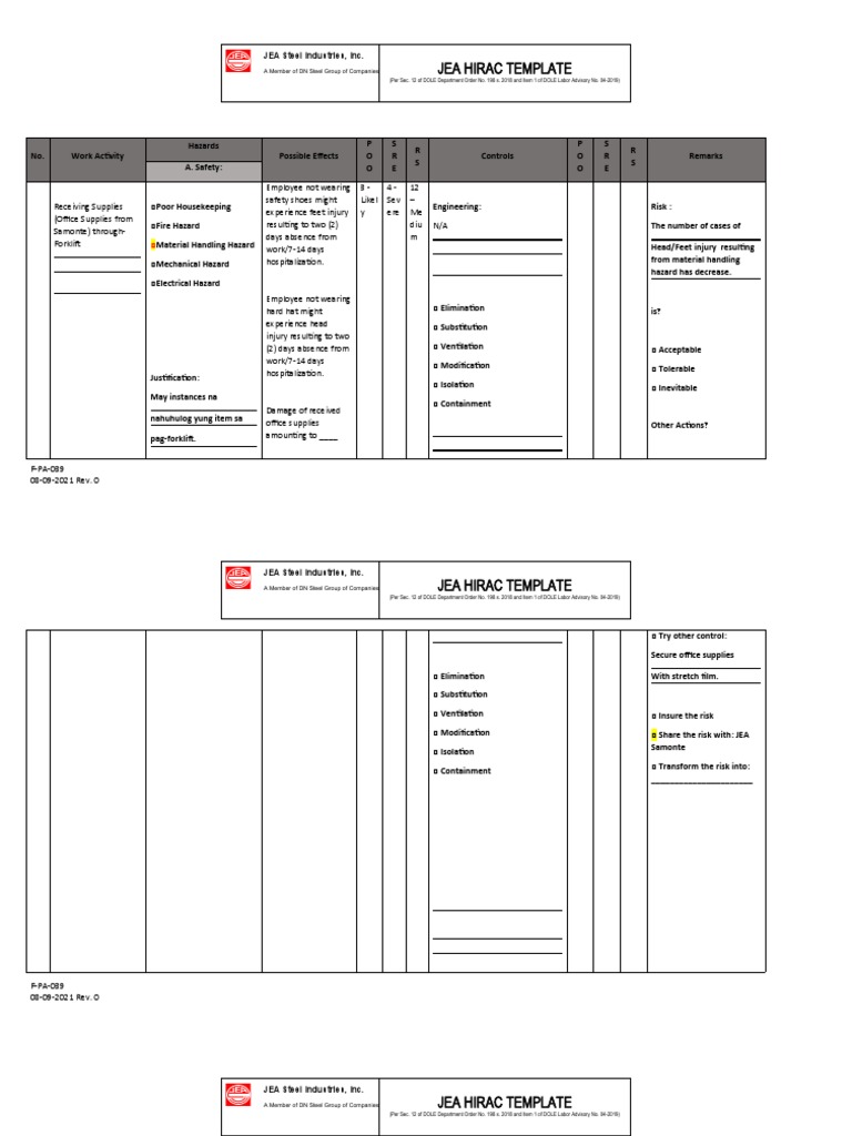 Copy of Copy of JEA HIRAC Template | PDF | Hazards | Business