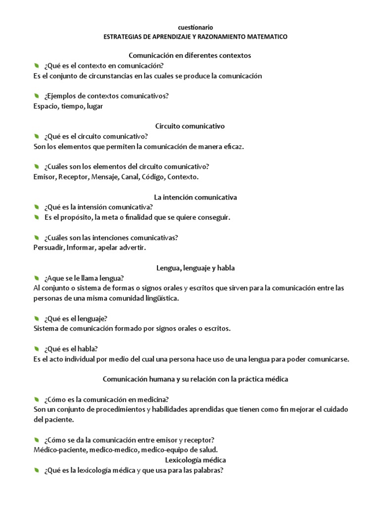 Cuestionario Estrategias de Aprendizaje y Razonamiento Matematico. | PDF | Comunicación ...