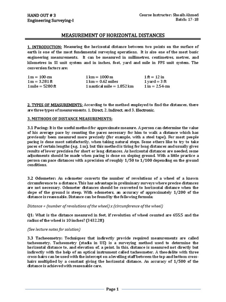Handout # 3 MEASUREMENT OF HORIZONTAL DISTANCES | PDF | Measurement ...