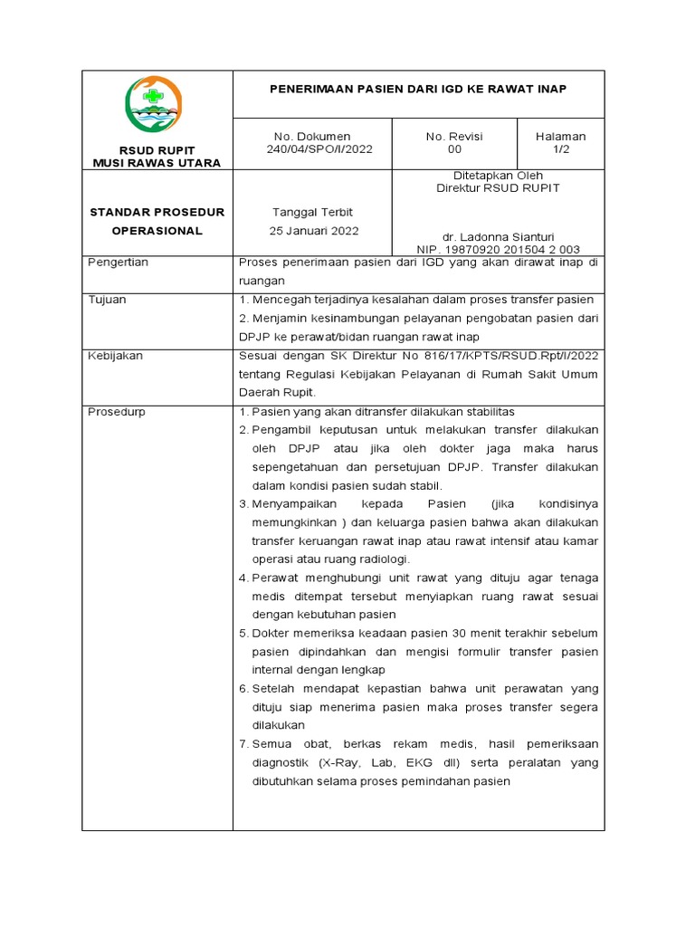 SOP Penerimaan Pasien Di IGD (Akp 2.b) | PDF