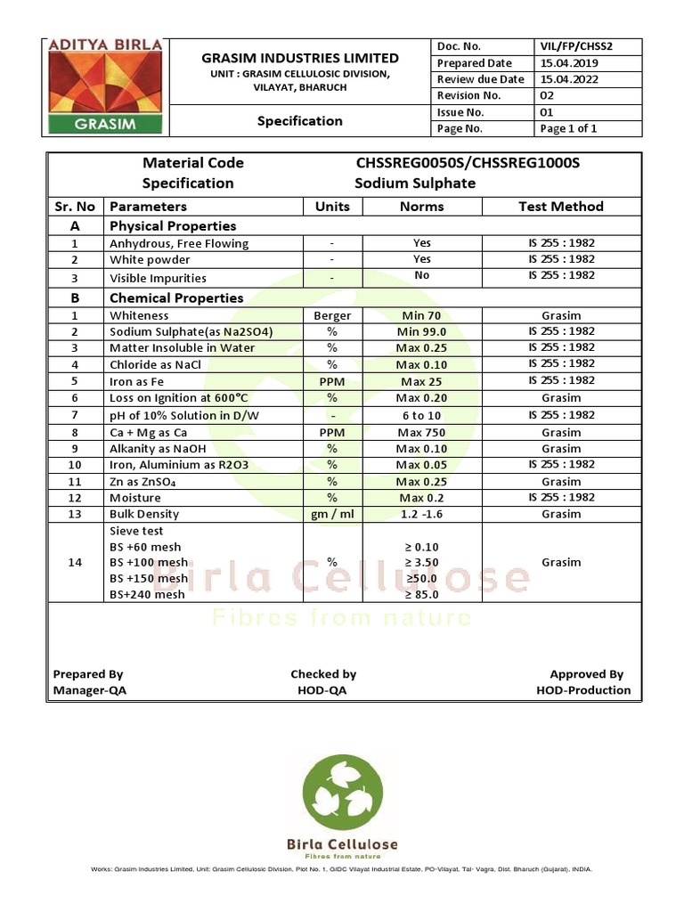 Sodium Sulfate Anhydrous-TDS - Grasim | Download Free PDF | Sodium Chloride | Chemical Compounds