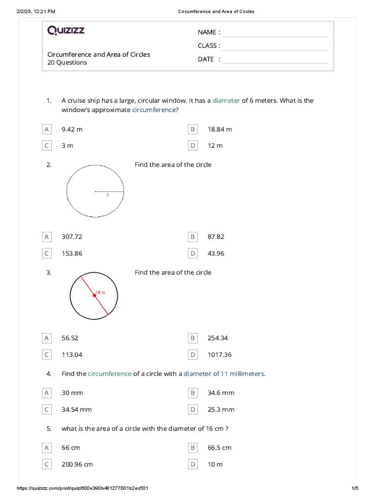Circumference and Area Circles Practice Test | PDF | Area | Circle