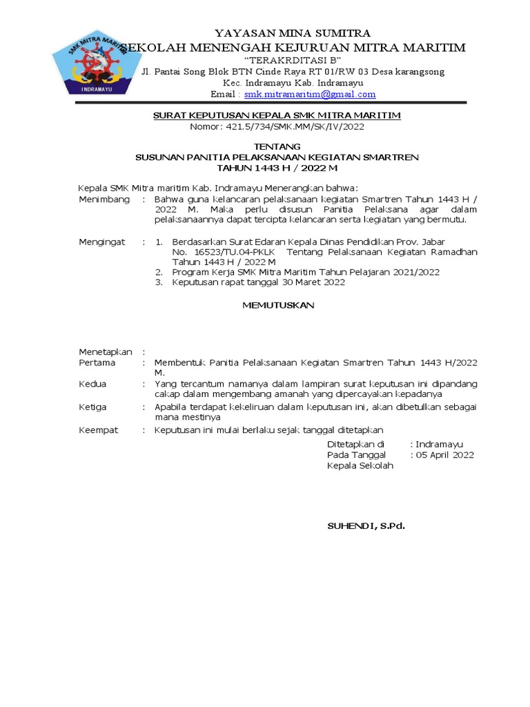 Panitia Kegiatan Smartren 2022 SMK Mitra Maritim | PDF