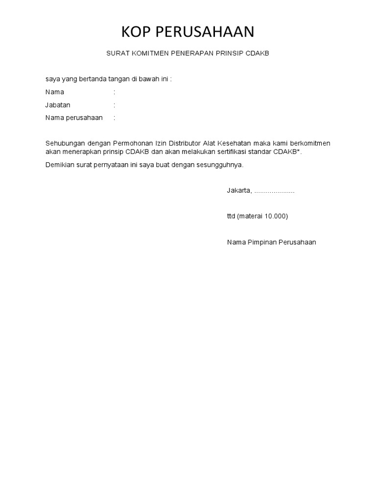 Surat Komitmen Penerapan Prinsip Sertifikat Standar Cdakb | PDF